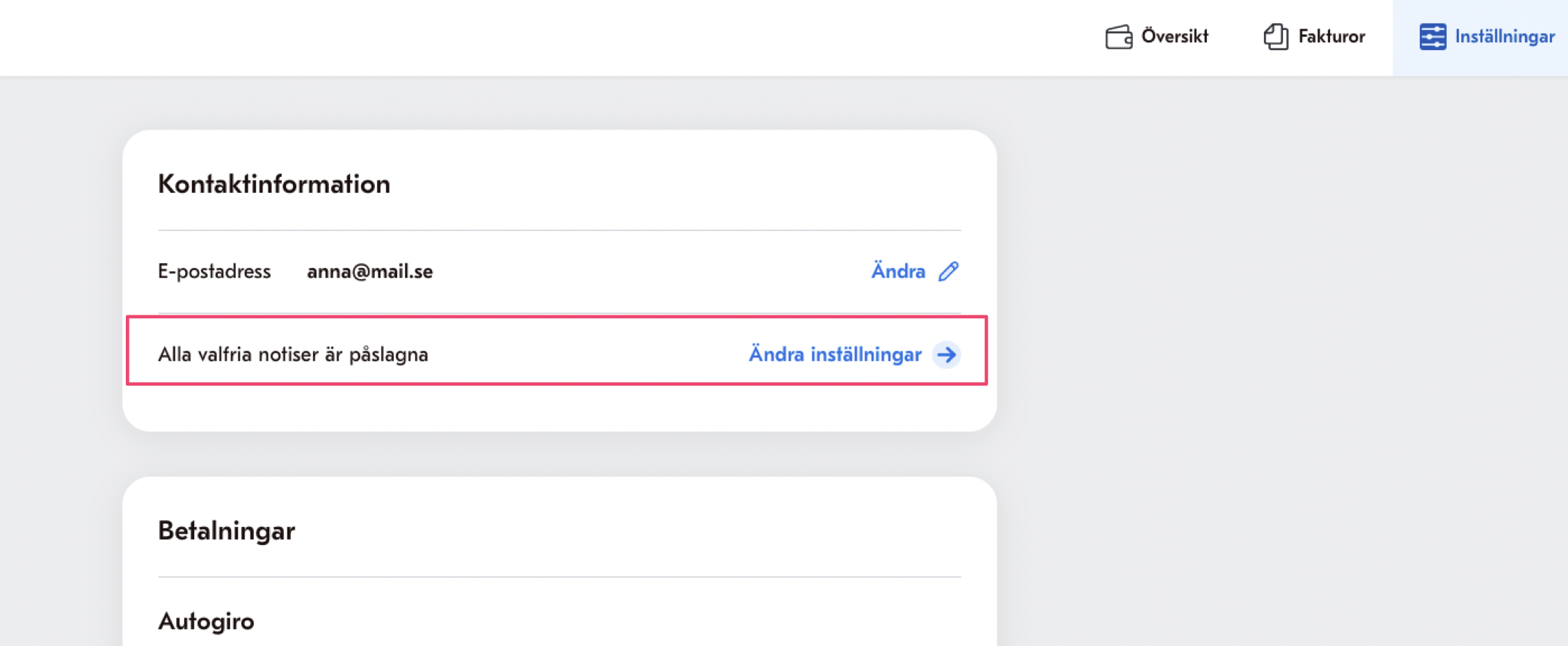 Anpassa dina epost-notiser – Billogram Hjälpcenter